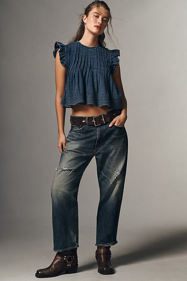 PILCRO Pilcro Jade 100% Cotton Pintucked Blouse with Ruffle Sleeves